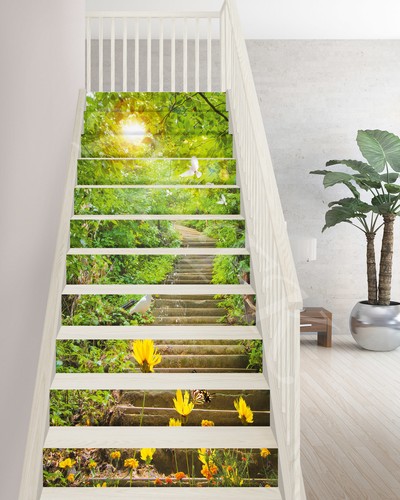 FLFK Butterfly Flowers Stair Stickers:Vinyls Peel and Stick 39.3"Wx7"H ...