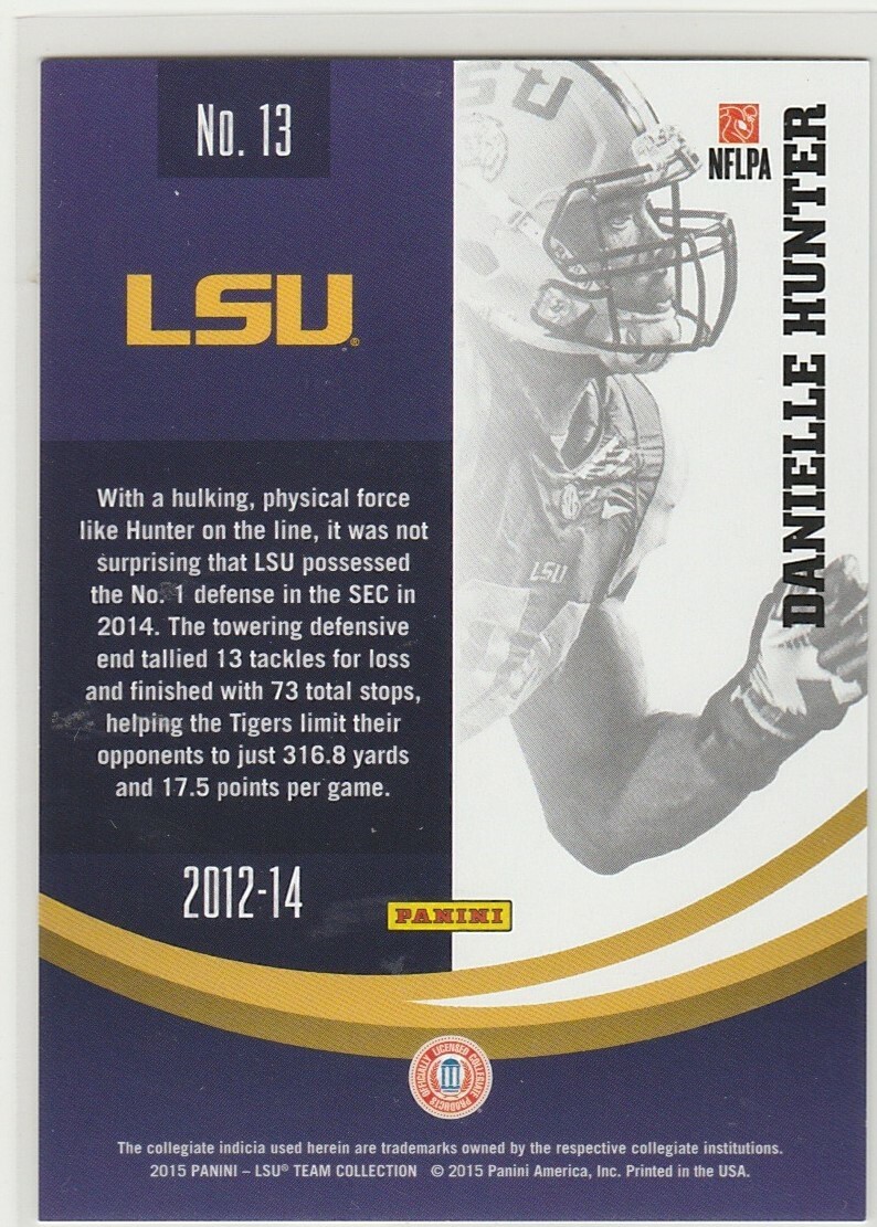 DANIELLE HUNTER 2015 LSU PANINI COLLEGIATE #13 GOLD PARALLEL SERIAL #'D ...