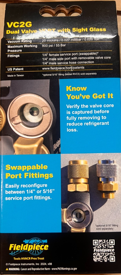 Fieldpiece VC2G 1/4″ Valve Core Removal Tool Dual Valve with Sight ...