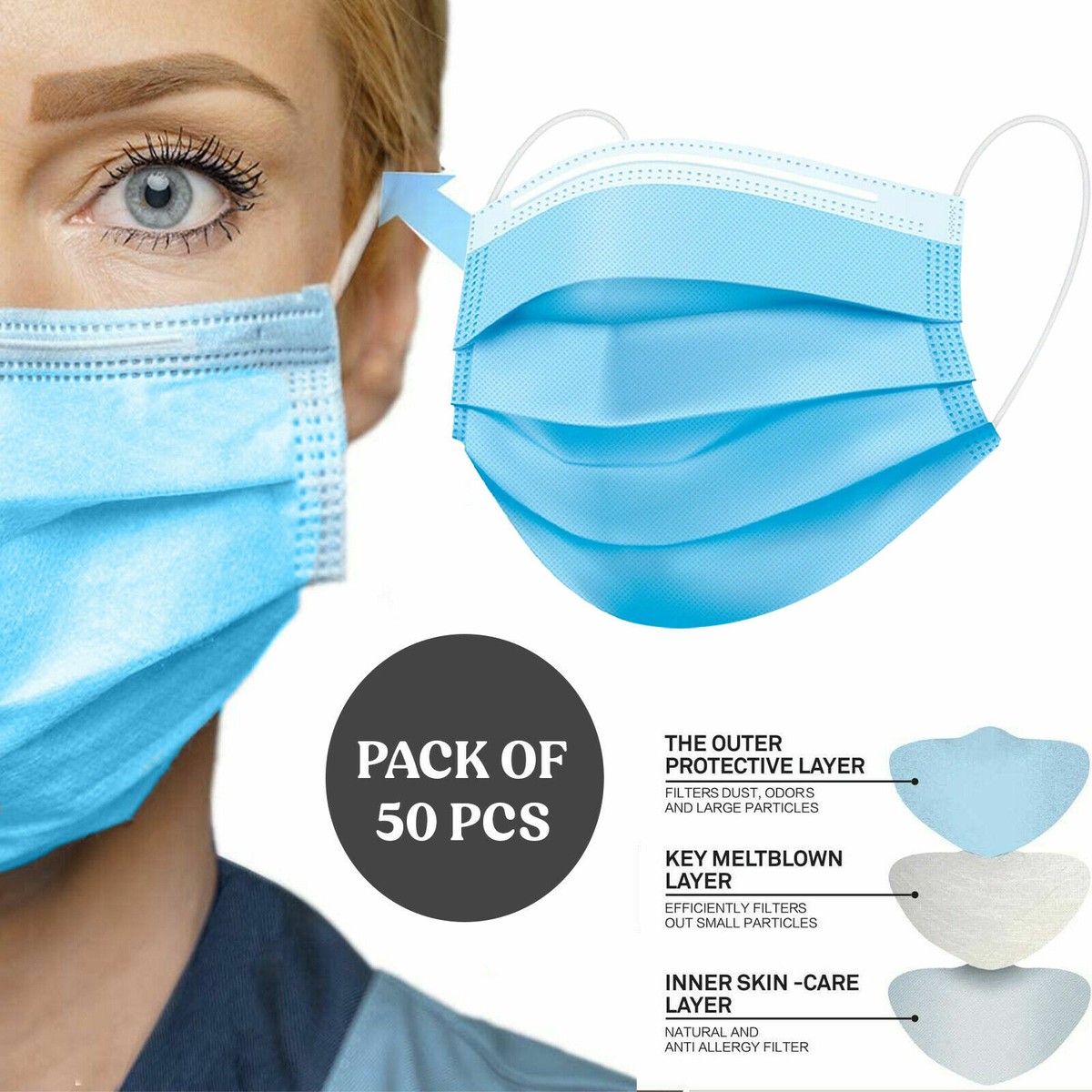Disposable Face Masks 50 PCS - 3-Ply, Blue, Ear Loop, Non-Medical Adult ...