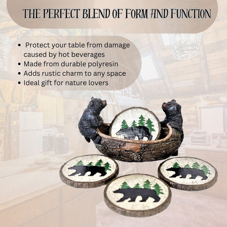 Black Bear Coaster Set w/ Canoe Rustic Cabin Lodge Log Kitchen Dining ...