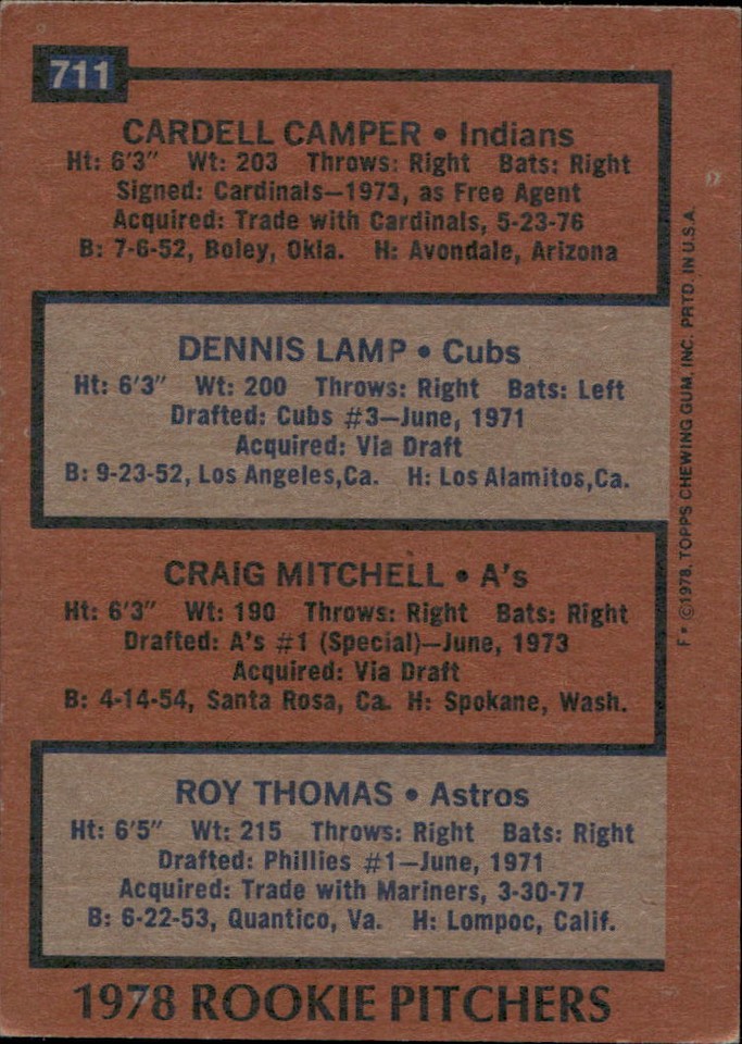 Cardell Camper / Dennis Lamp / Roy Thomas RC / 1978 Topps #711 Rookie ...