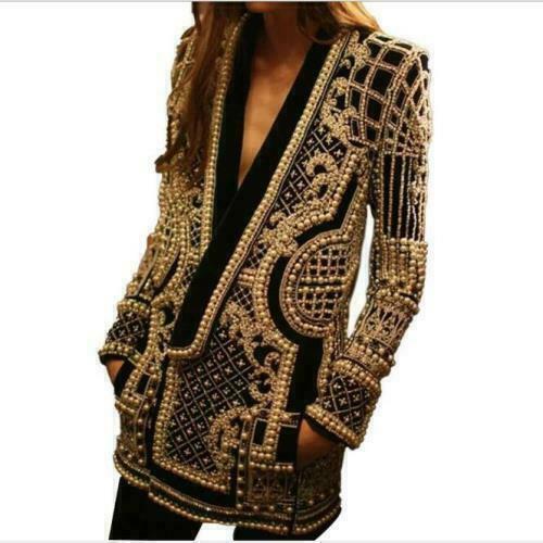Women's Fashion Shawl Collar Embroidered Beaded Pearls Long Blazer ...