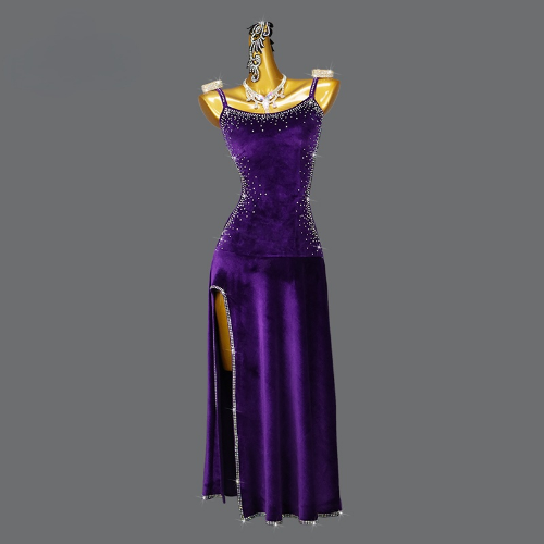 Purple Latin Dance Long Dress Women's Professional Party Ballroom Suit ...