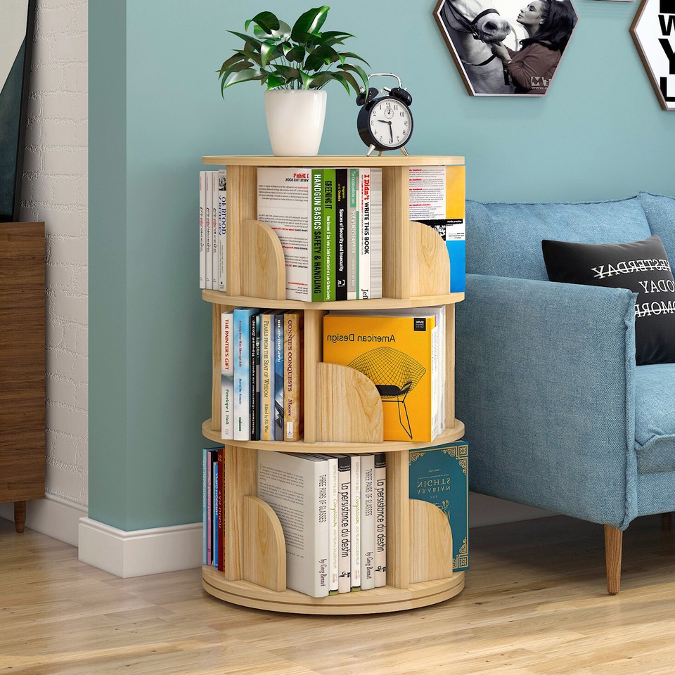 1-5 Tier Rotating Bookshelf 360°Solid Wood Spinning Bookshelf Revolving ...