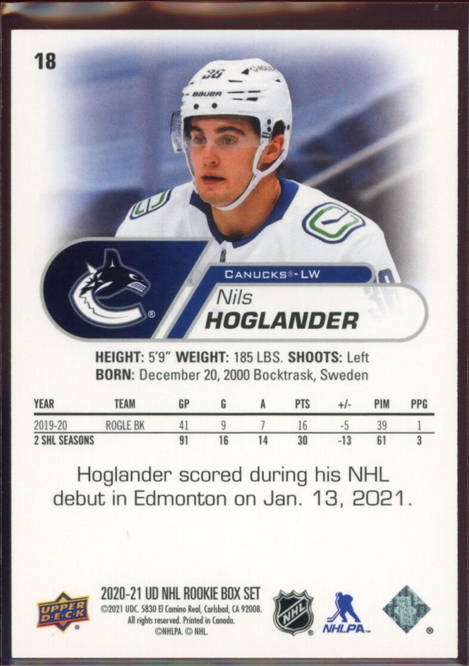 2020 Upper Deck NHL Star Rookies Box Set #18 Nils Hoglander RC Rookie ...