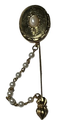 Vintage Lapel Stick Pin Goldtone with Faux Pearl Safety Chain Locket 3. ...
