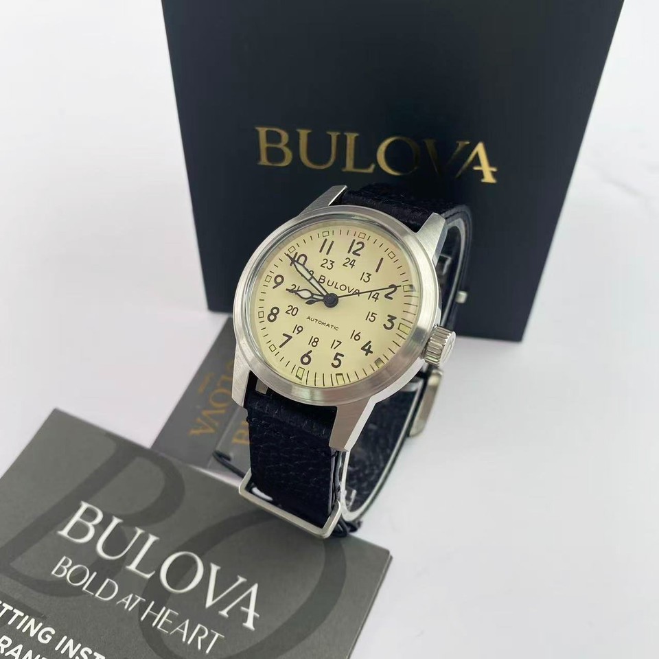 Bulova Hack 96A246 Ivory Dial Black Leather Strap Men's Automatic Watch ...