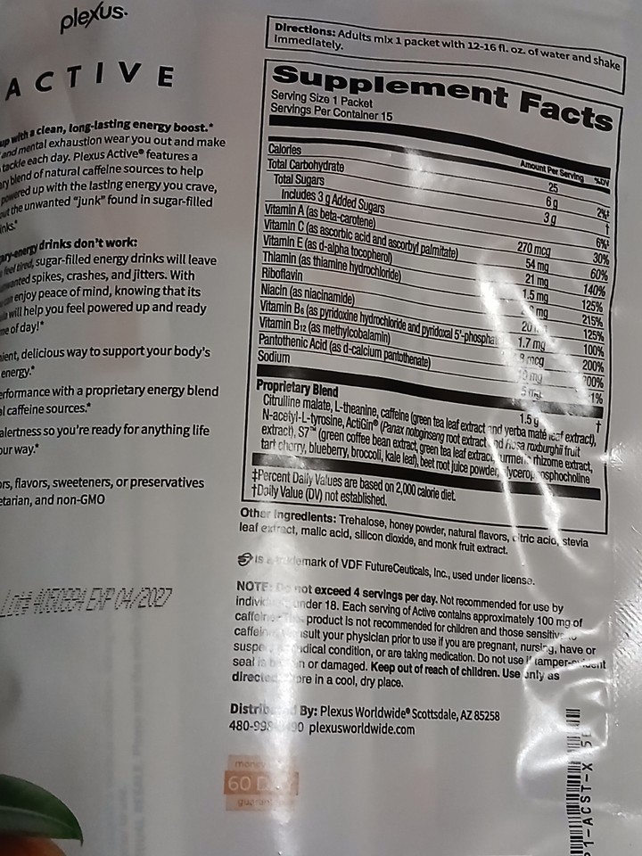 PLEXUS ACTIVE Clean Energy for Every Day: PEACH MANGO 15 PACKETS Exp ...