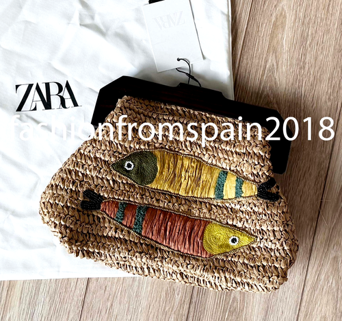 ZARA NEW WOMAN WOOD HANDLE RAFFIA BAG EMBROIDERED FISH TAUPE BROWN 3988 ...