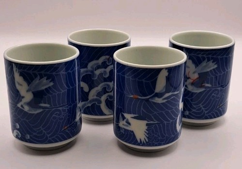 Set of 4 Japanese Porcelain Yunomi Tea Cups — Blue & White Crane & Wave ...