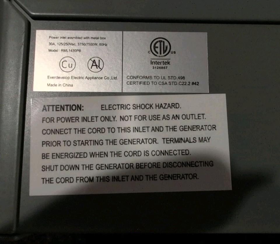 INTERTEK RML1430PB Power Inlet Box 30Am 125/250Vac 3750/7500W 60Hz | eBay