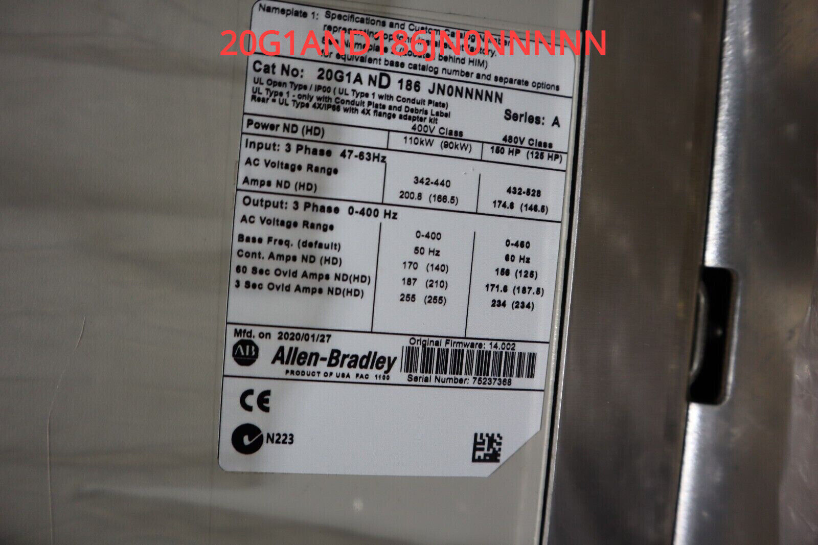 NEW 20G1AND186JN0NNNNN AB 755 VFD 20G1AND186JN0NNNNN 150 HP 480V 1PCS ...