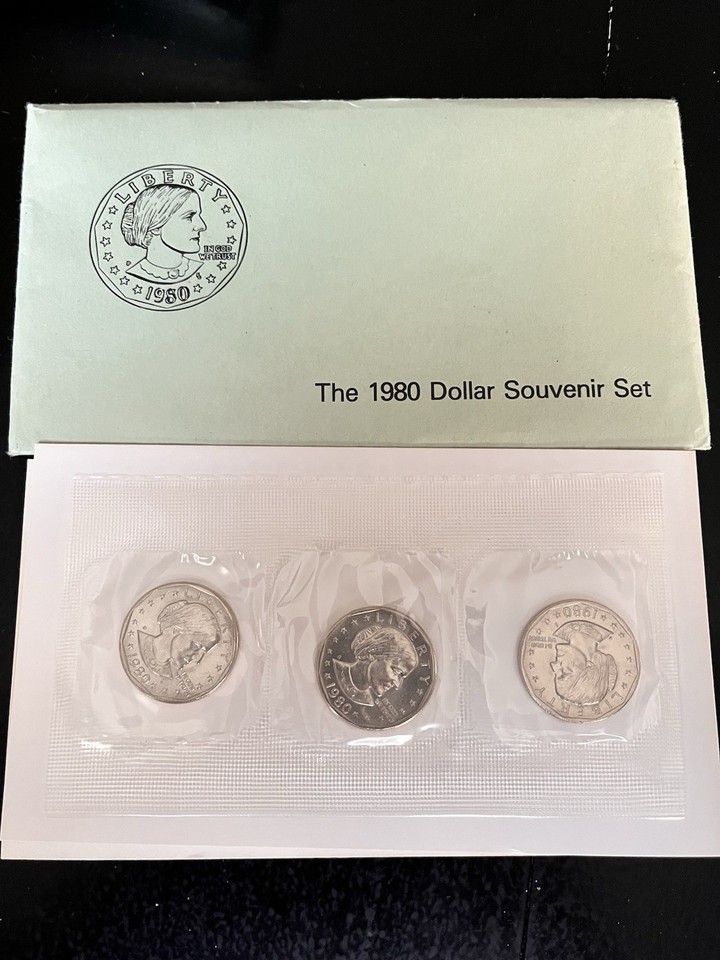 1980 P D S Susan B Anthony Souvenir 3 Coin DOLLARS Mint Set Green ...