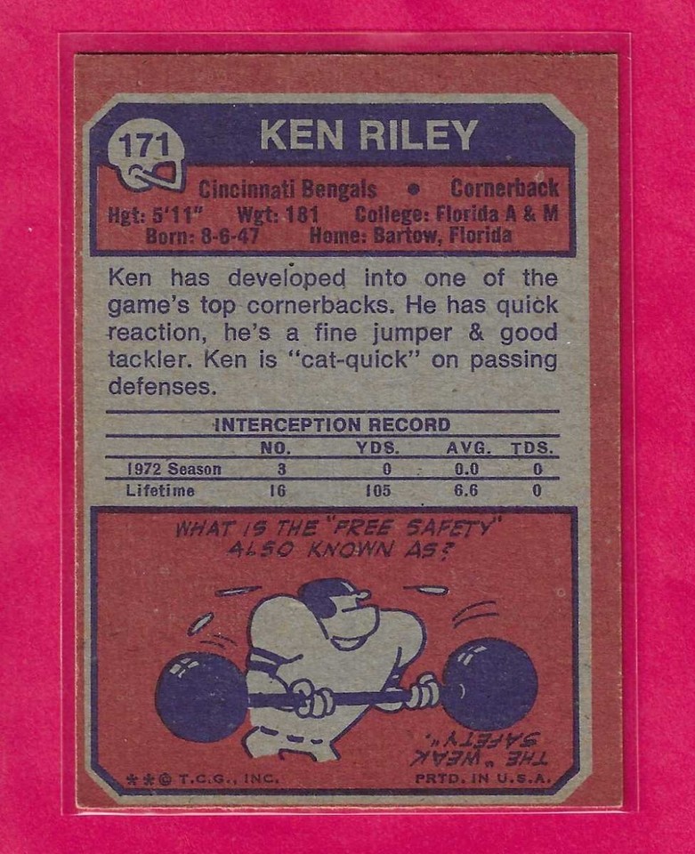 1973 Topps Ken Riley RC #171 EX Cincinnati Bengals | eBay