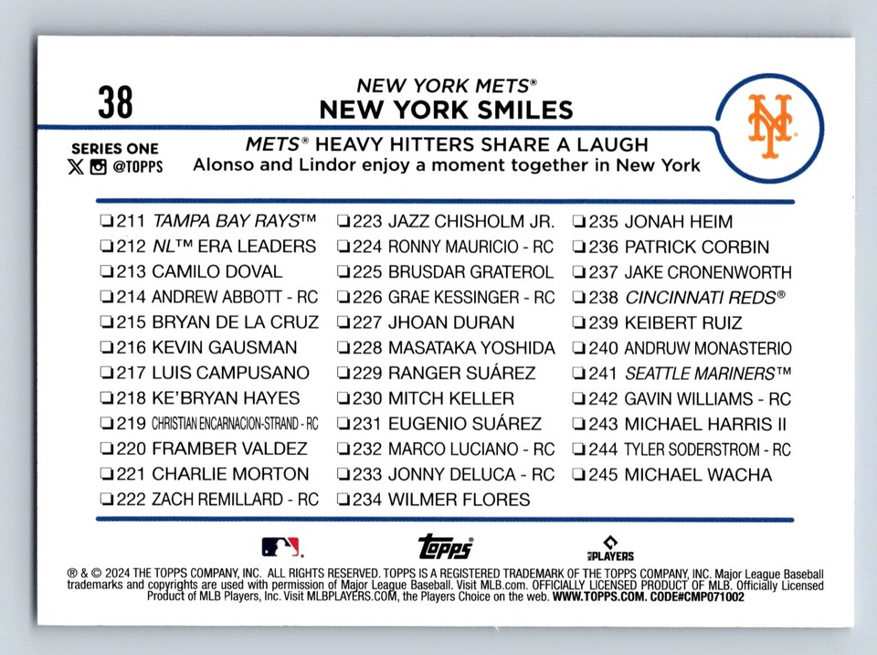 New York Smiles: Mets Heavy Hitters Share a Laugh 2024 Topps #38 New ...