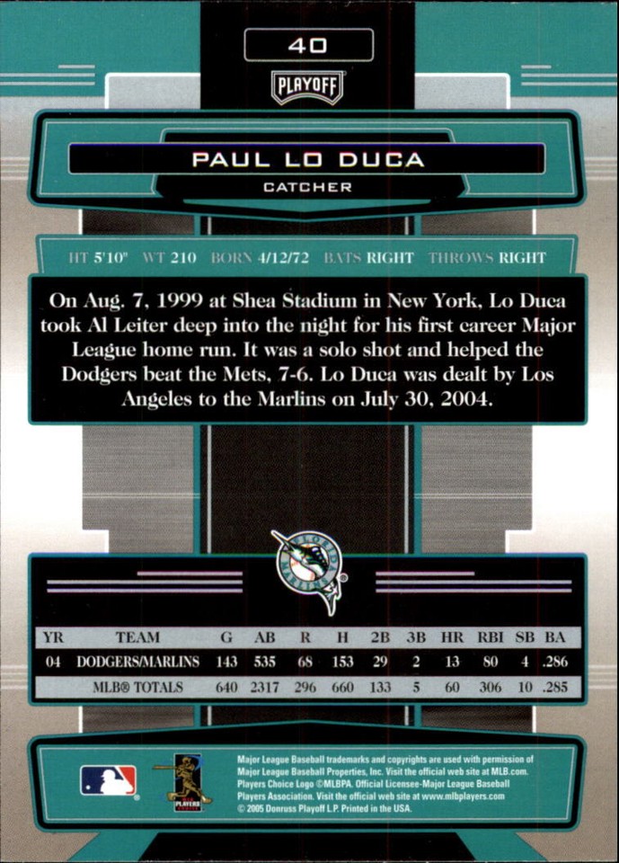 2005 Absolute Memorabilia Blue Florida Marlins Baseball Card #40 Paul ...