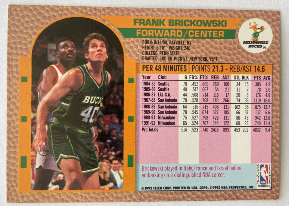 1992-93 Fleer Basketball #124 Frank Brickowski - Milwaukee Bucks | eBay