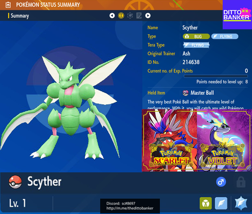 Pokemon Scarlet/Violet SHINY SCYTHER Lv.1 Adamant 6IV w/ Masterball ...