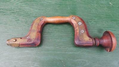 ANTIQUE Wood Brass Bit Brace with Brass Trim Woodworking Tool Drill ...