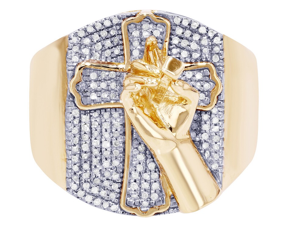 Men's Impaled Hand Cross Real Diamond Ring 3/10 CT 10K Yellow-White ...