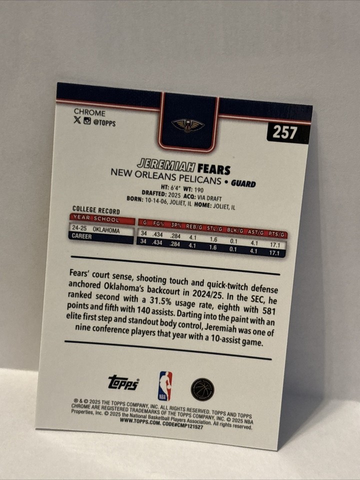 2025-26 Topps Chrome Basketball Jeremiah Fears RC Base | eBay UK