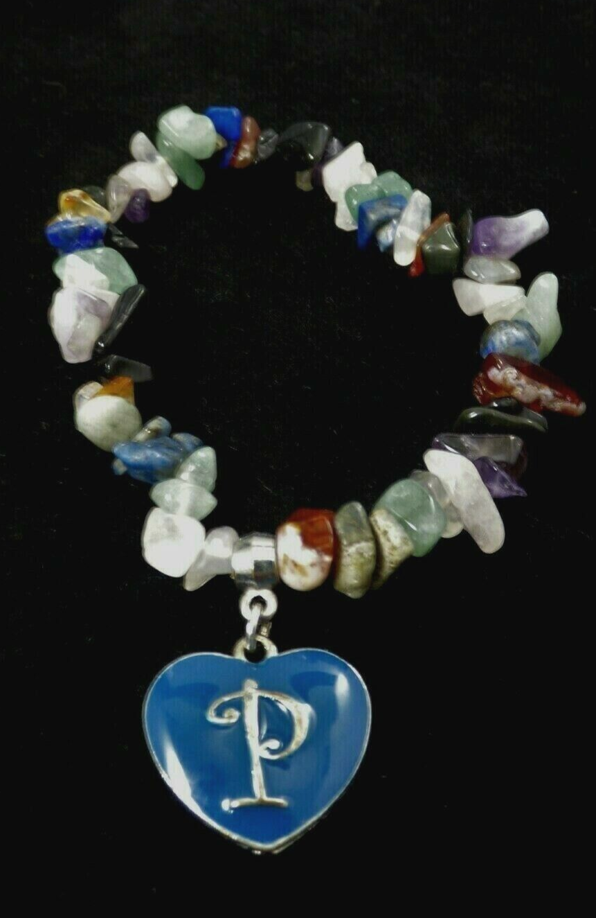 Gemstone Multi Nugget Bracelet Charm Stretch Blue Letter "P" Heart ...