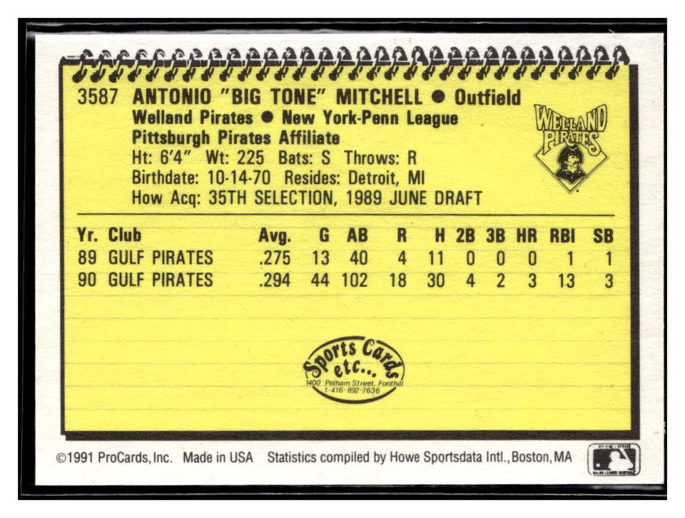 Antonio Mitchell 1991 ProCards #3587 Welland Pirates | eBay