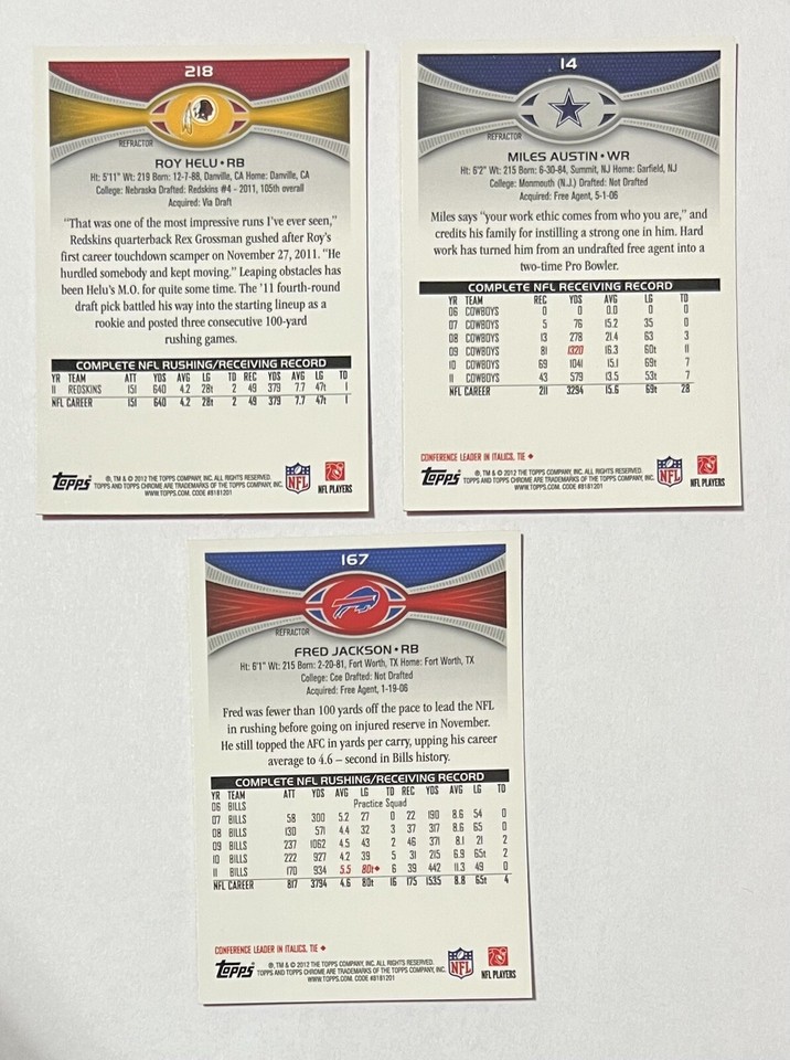 3 Topps Chrome 2012 Orange Refractor Cards Fred Jackson Roy Helu Miles ...