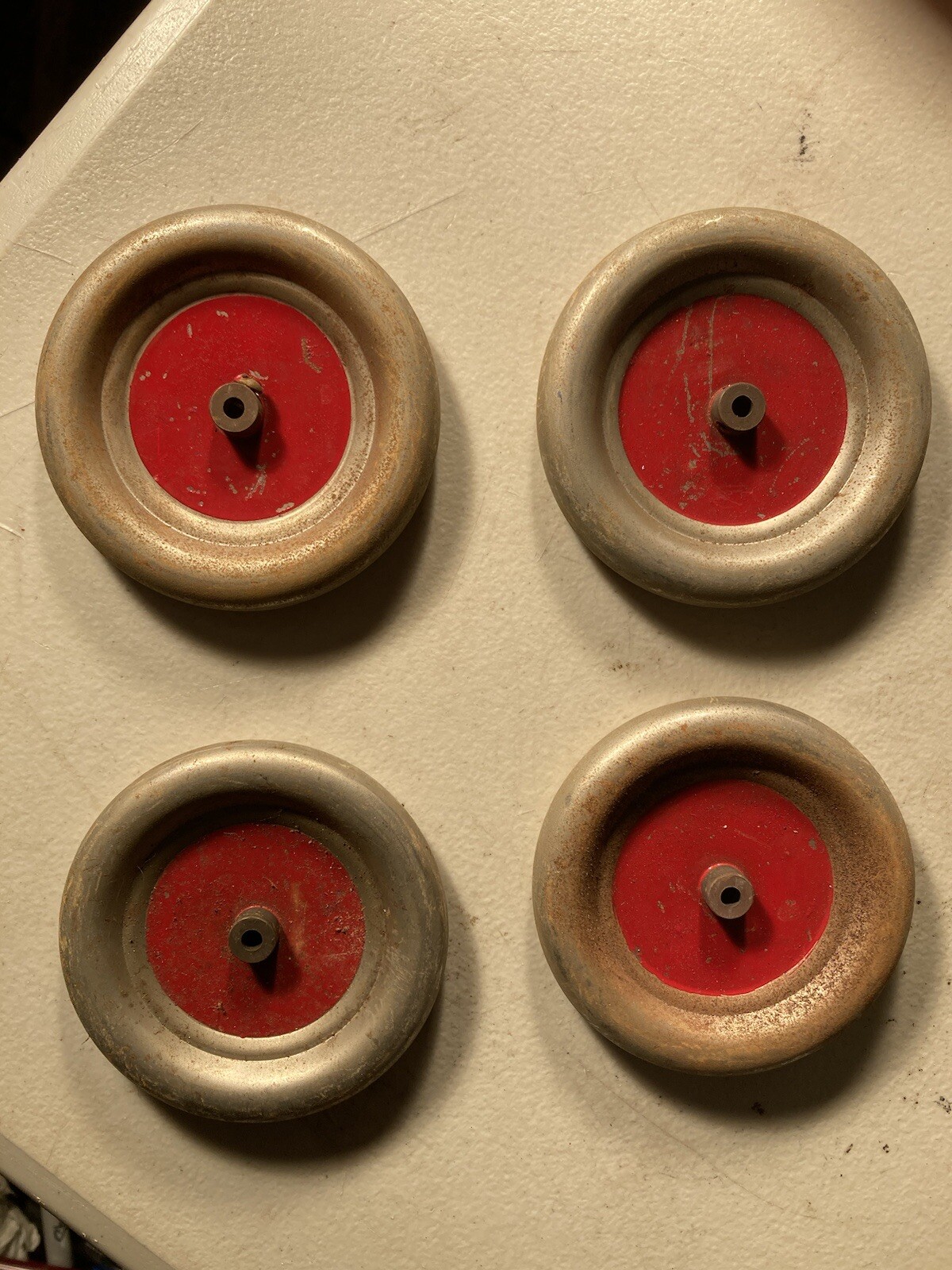 SET OF 4 3" WHEELS A.C. GILBERT ERECTOR SET NICKEL TYPE PAINTED RED HUB ...