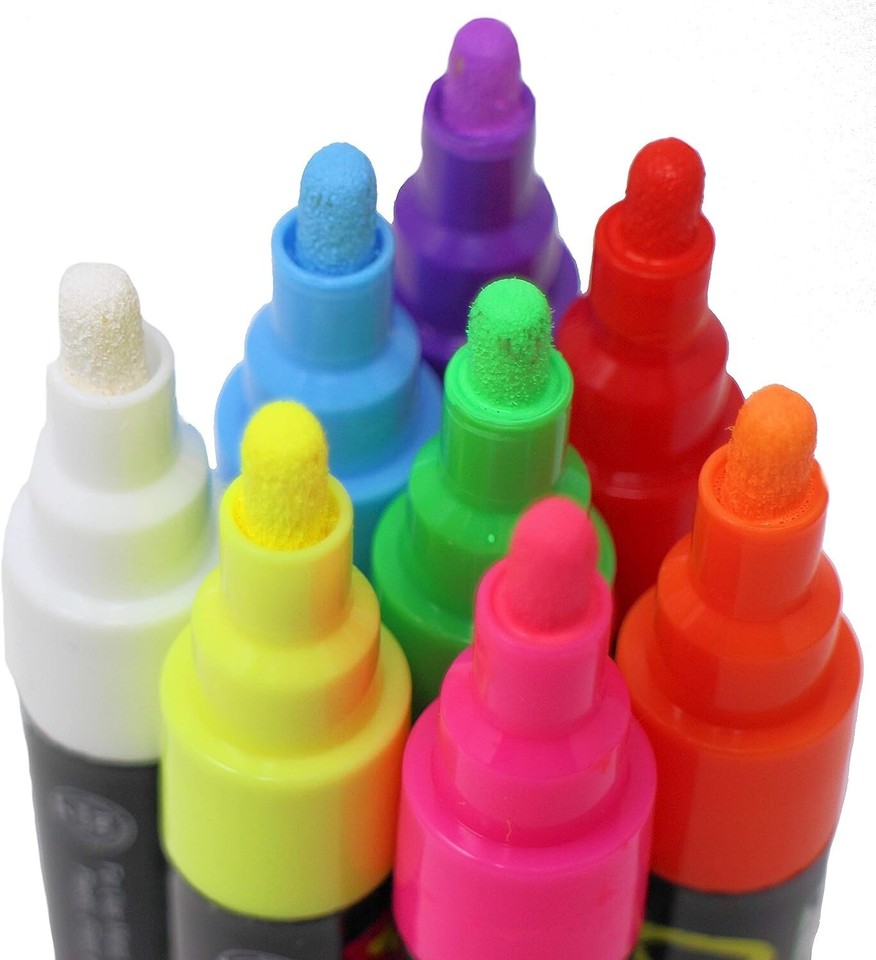 8 Liquid Chalk Pens Marker Reversible Neon Colours whiteboeard Wipe ...