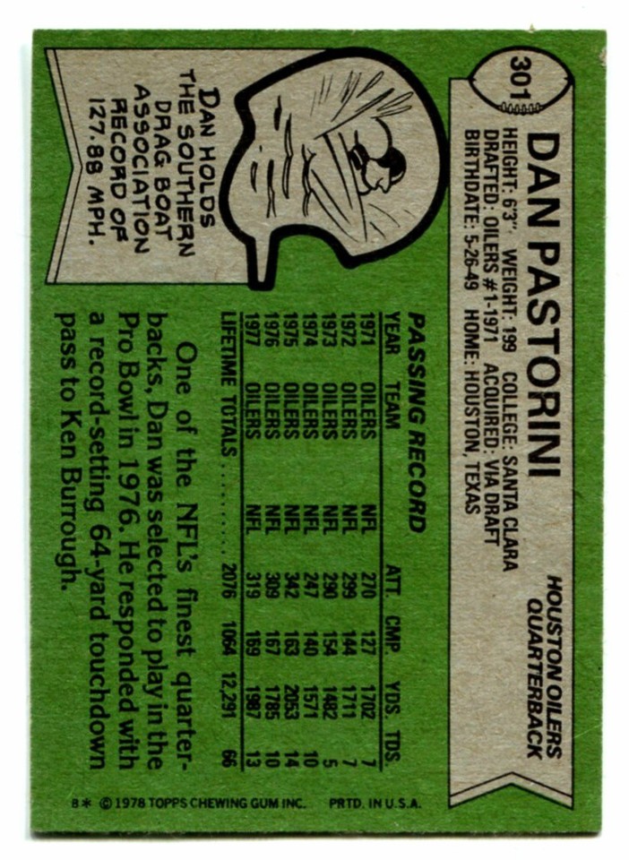 1978 Topps #301 Dan Pastorini Football Card - Houston Oilers | eBay