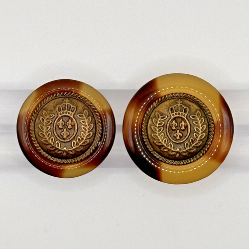 Two Fleur de Lis Blazer Buttons Crown Laurel Plastic Tortoise Shell ...