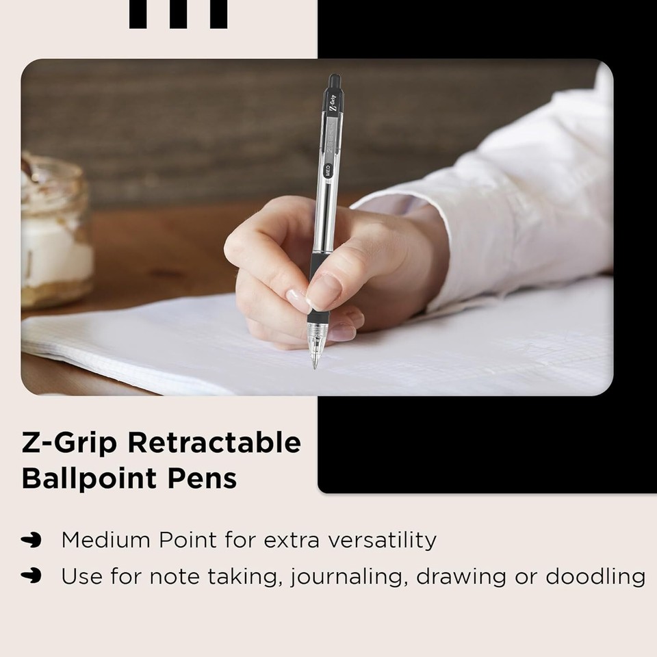 Zebra Pen Z Grip Black Ballpoint Pens with Pocket Clip 8pk, Retractable ...