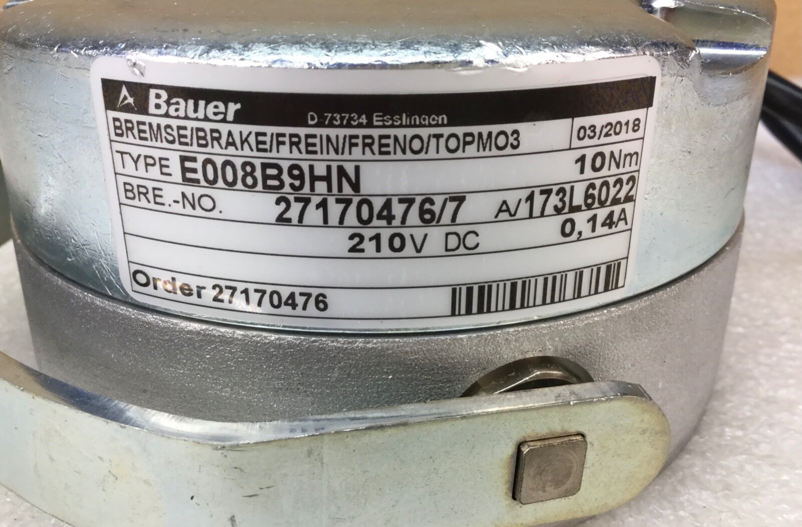BAUER TYPE E008B9HN BRAKE & ENGAGEMENT BRACKET 210 VDC 10 NM .14A NEW ...