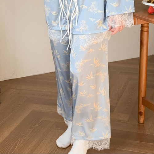 Lady Chinese Style Pyjama Set Long Sleeve Top Pants Lace Trim Frog ...