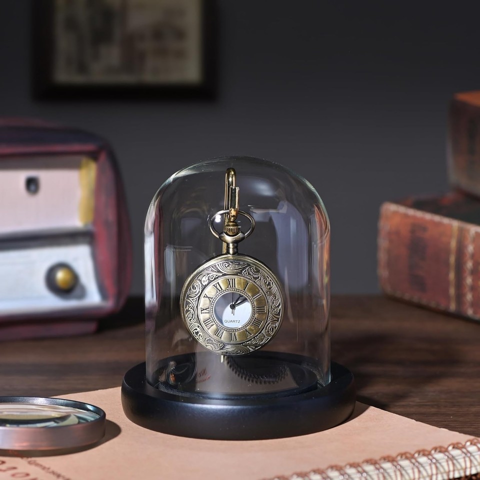 2 Pcs Pocket Watch Glass Display with Hooks Dome Cloche with Raw Wood ...