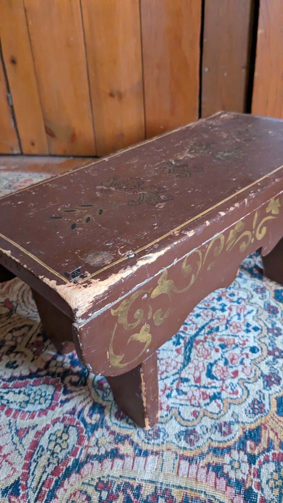 Antique Early Primitive Wood Folk Art Foot Stool Orig Red Paint 17" | eBay