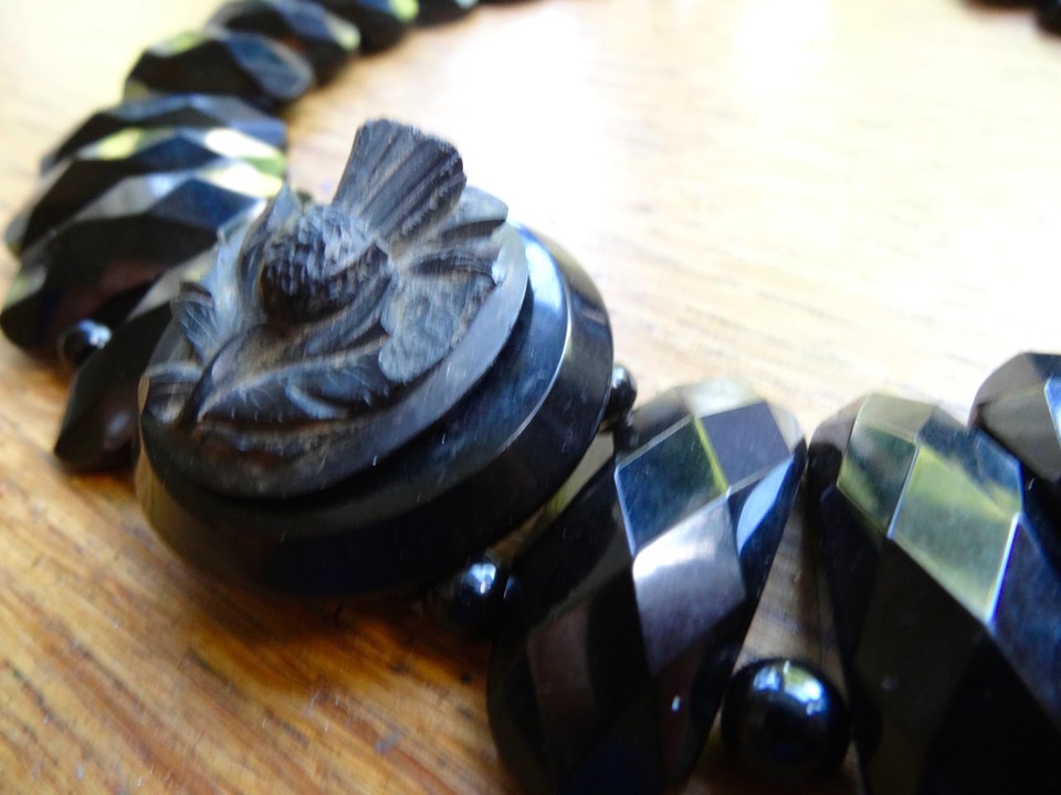 HUGE antique Victorian WHITBY JET thistle flower cameo collar necklace ...