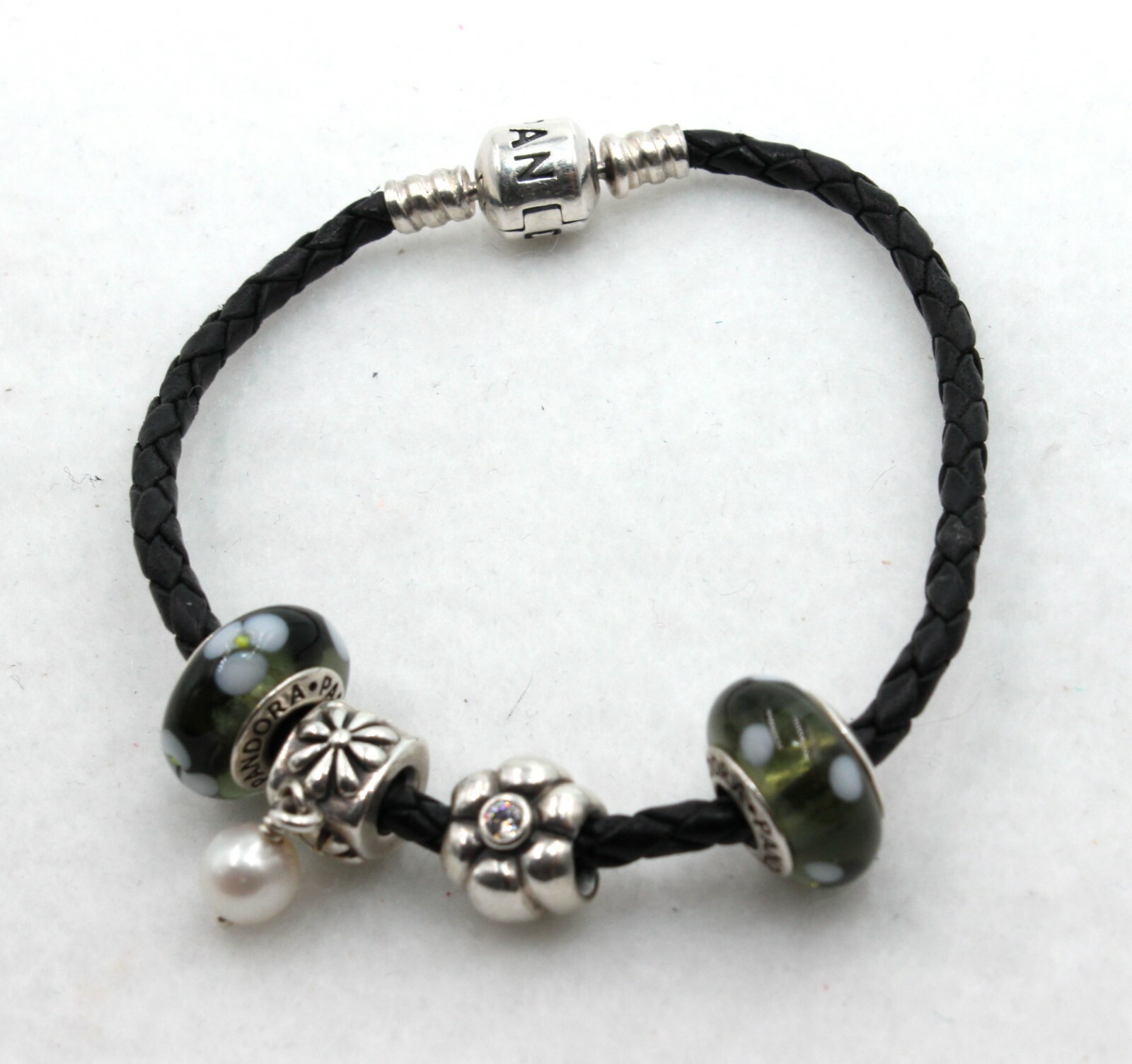 Pandora Charm Bracelet Black Leather Cord Murano Glass Pearl & Sterling ...