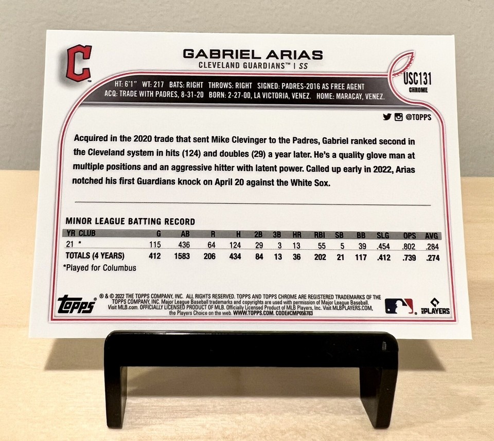 Gabriel Arias 2022 Topps Chrome Update Rookie Card #USC131, Guardians ...