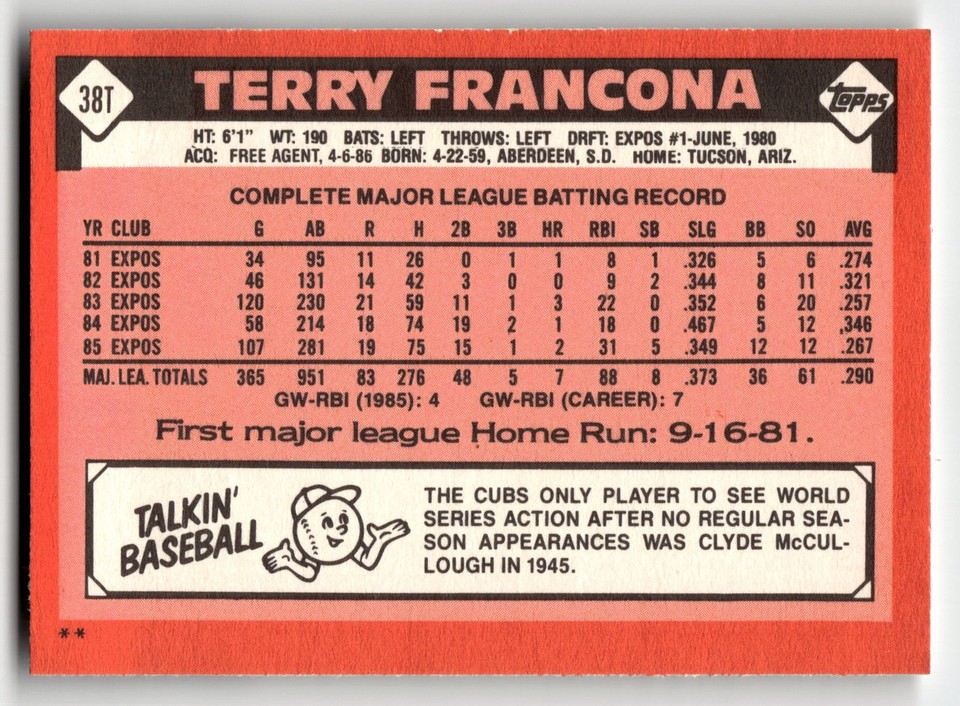 1986 Topps Traded Terry Francona #38T Chicago Cubs HIGH GRADE FACTORY ...