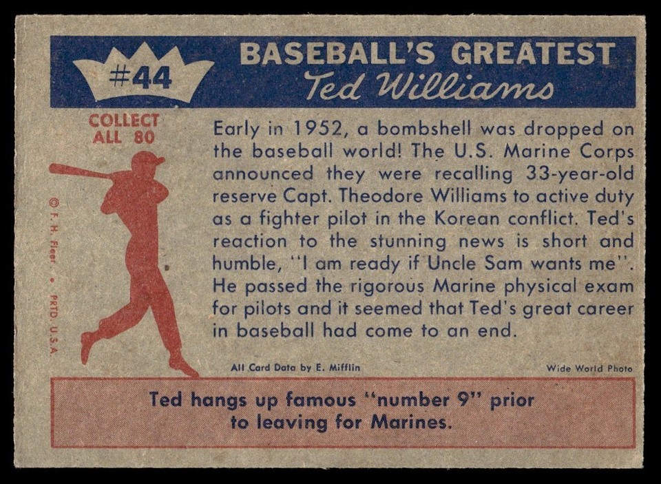 1959 Fleer Ted Williams Baseball Card Ted Williams Boston Red Sox #44 ...