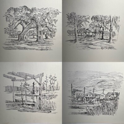 1973 NEW ORLEANS SKETCH Byron Levy, Pen Ink Prints: Bayou Lacombe ...