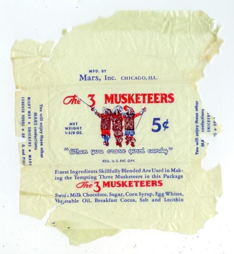 1940s 3 Musketeers 5c candy bar wrapper 1-5/8 oz - Mars Chicago ...