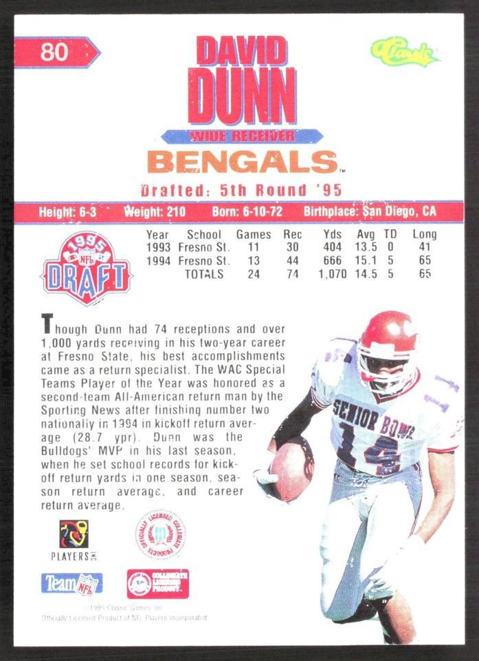 1995 Classic NFL Rookies Silver Foil #80 David Dunn Rookie Cincinnati ...