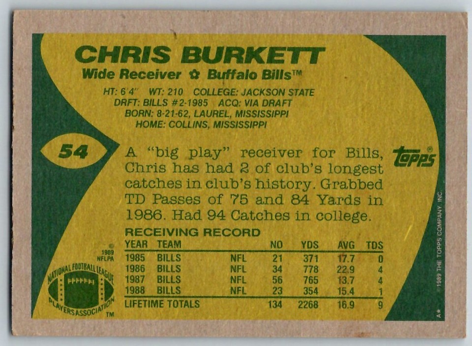 1989 TOPPS CHRIS BURKETT BUFFALO BILLS #54 | eBay
