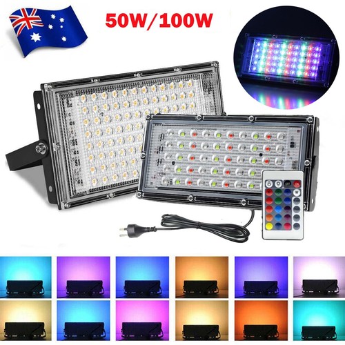 50W 100W RGB LED Floodlight IP66 Security Lamp Home Outdoor Remote ...