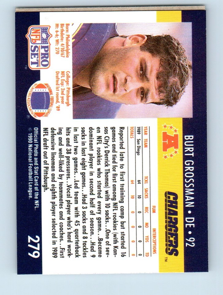 1990 Pro Set Burt Grossman San Diego Chargers #279 | eBay