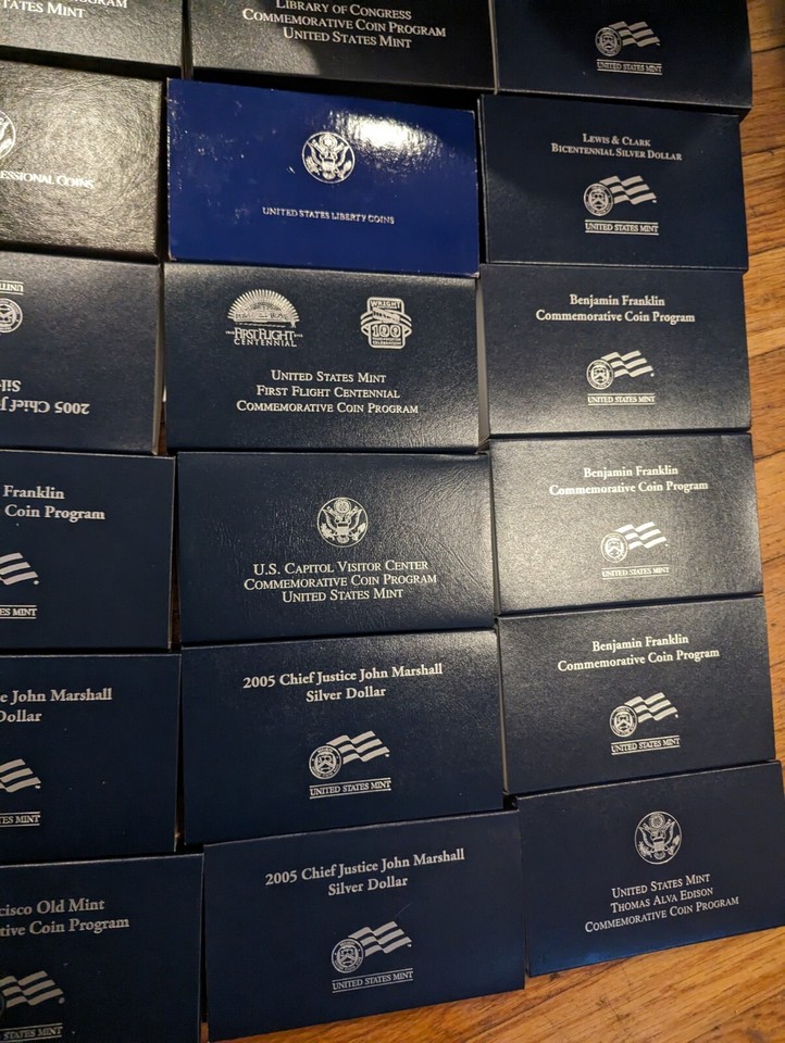 Lot Of 28 Mixed US Mint Commemorative Coin Dollars Boxes Empty Boxes ...